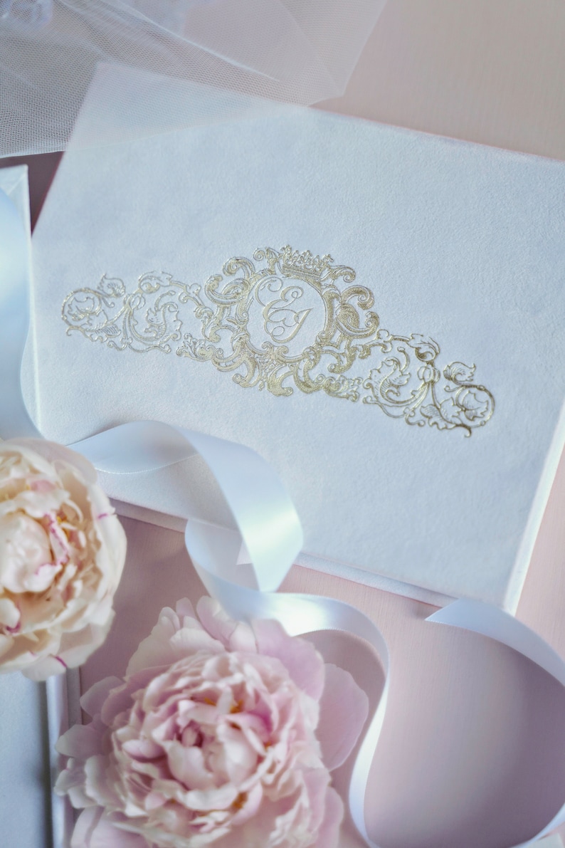White Velvet Wedding Invitation Box – Custom Monogram, Acrylic ...