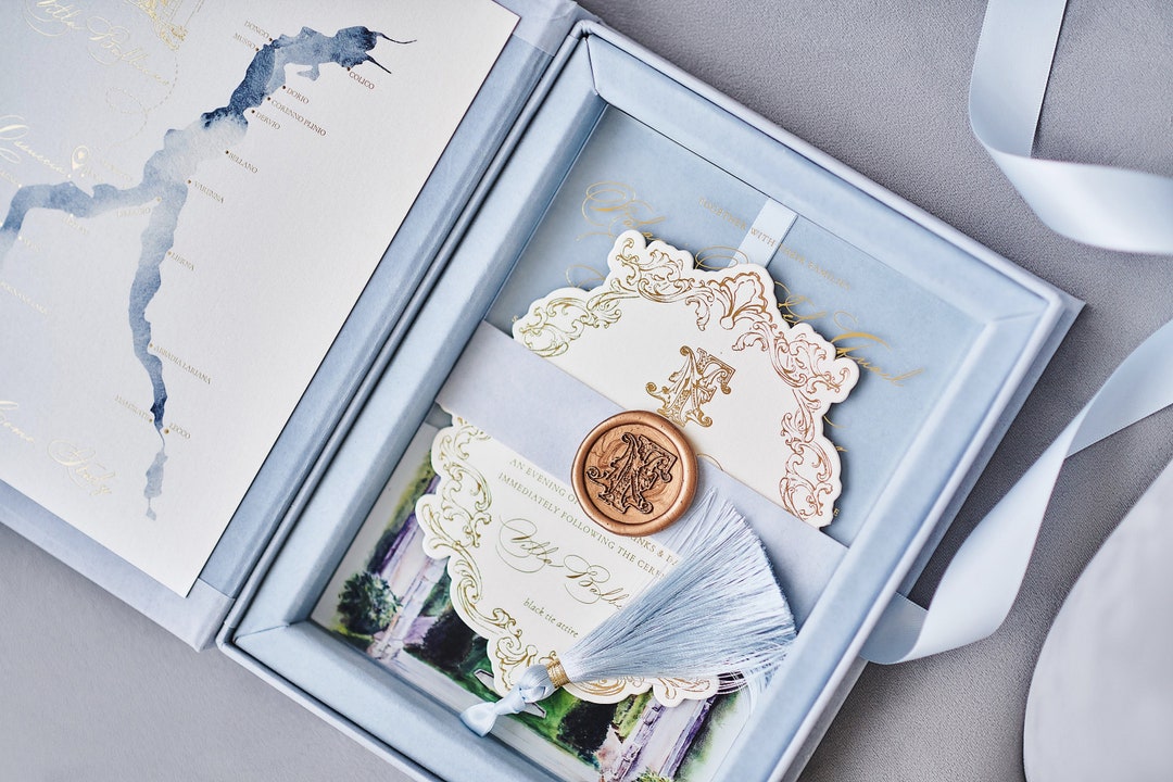 Wedding Invitation Box - Dusty Blue Velvet - Acrylic Invitation in ...