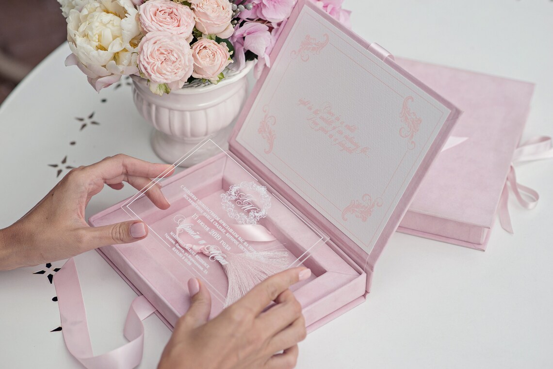 Wedding Invitation Box Powder Pink Velvet Acrylic | Etsy