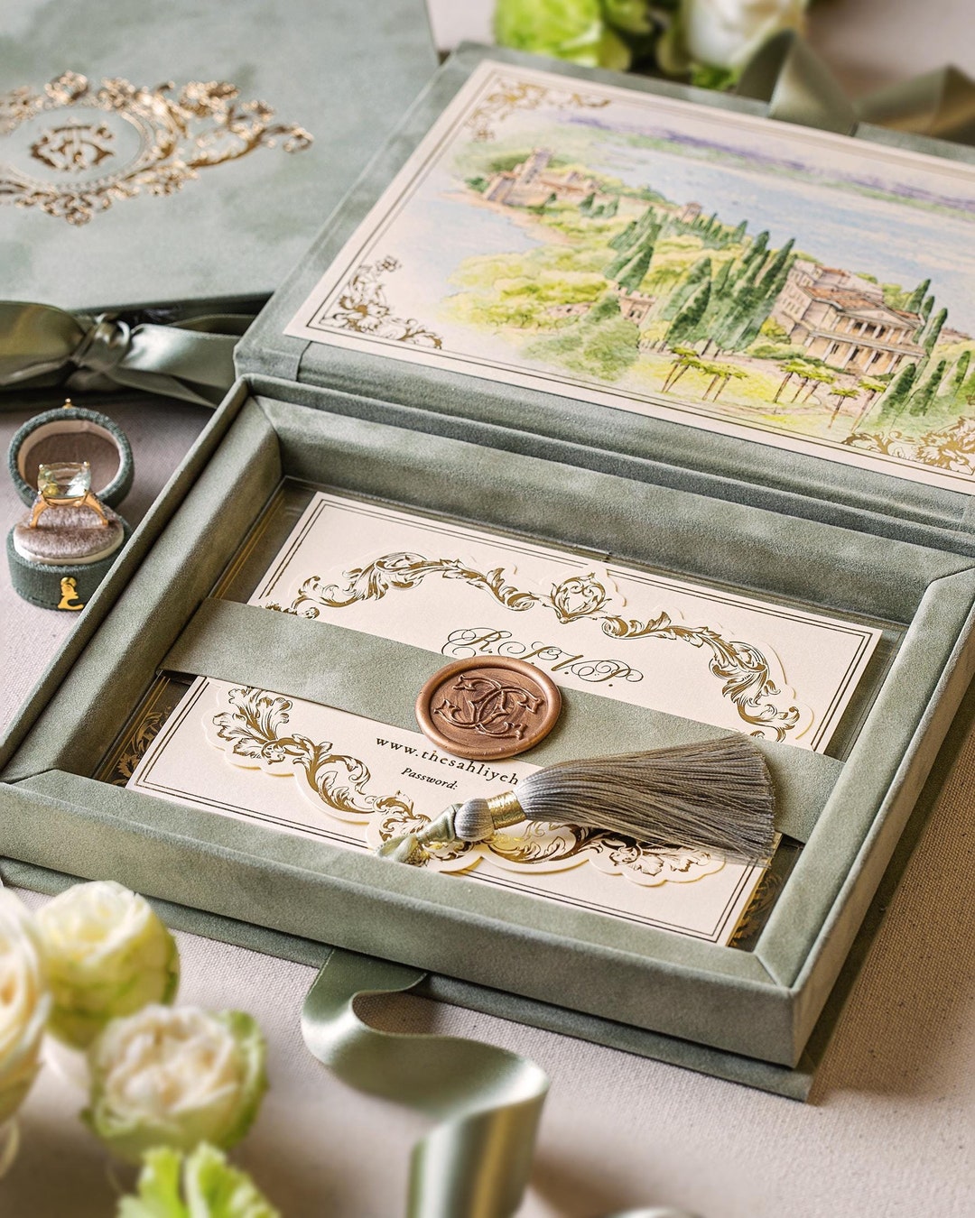 Wedding Invitation Box - Sage Velvet - Acrylic Invitation in Velvet Box ...