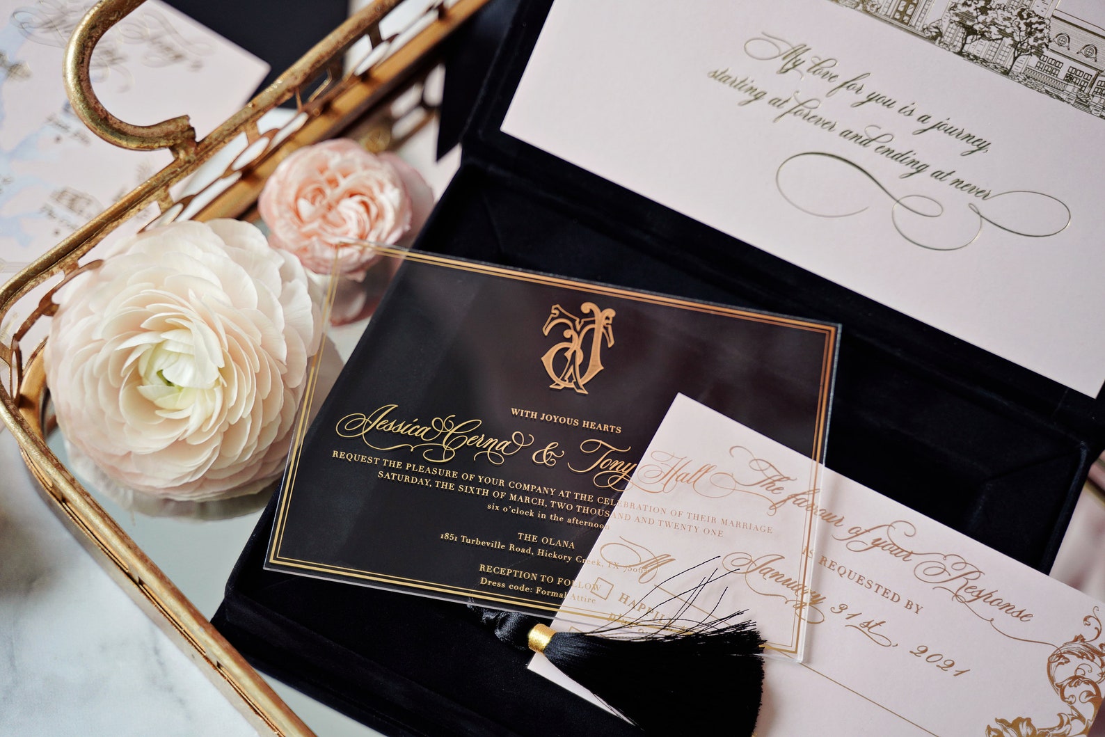 Black Velvet Wedding Invitation Box With Custom Monogram Logo - Etsy