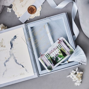 Wedding Invitation Box - Dusty Blue Velvet - Acrylic Invitation in ...