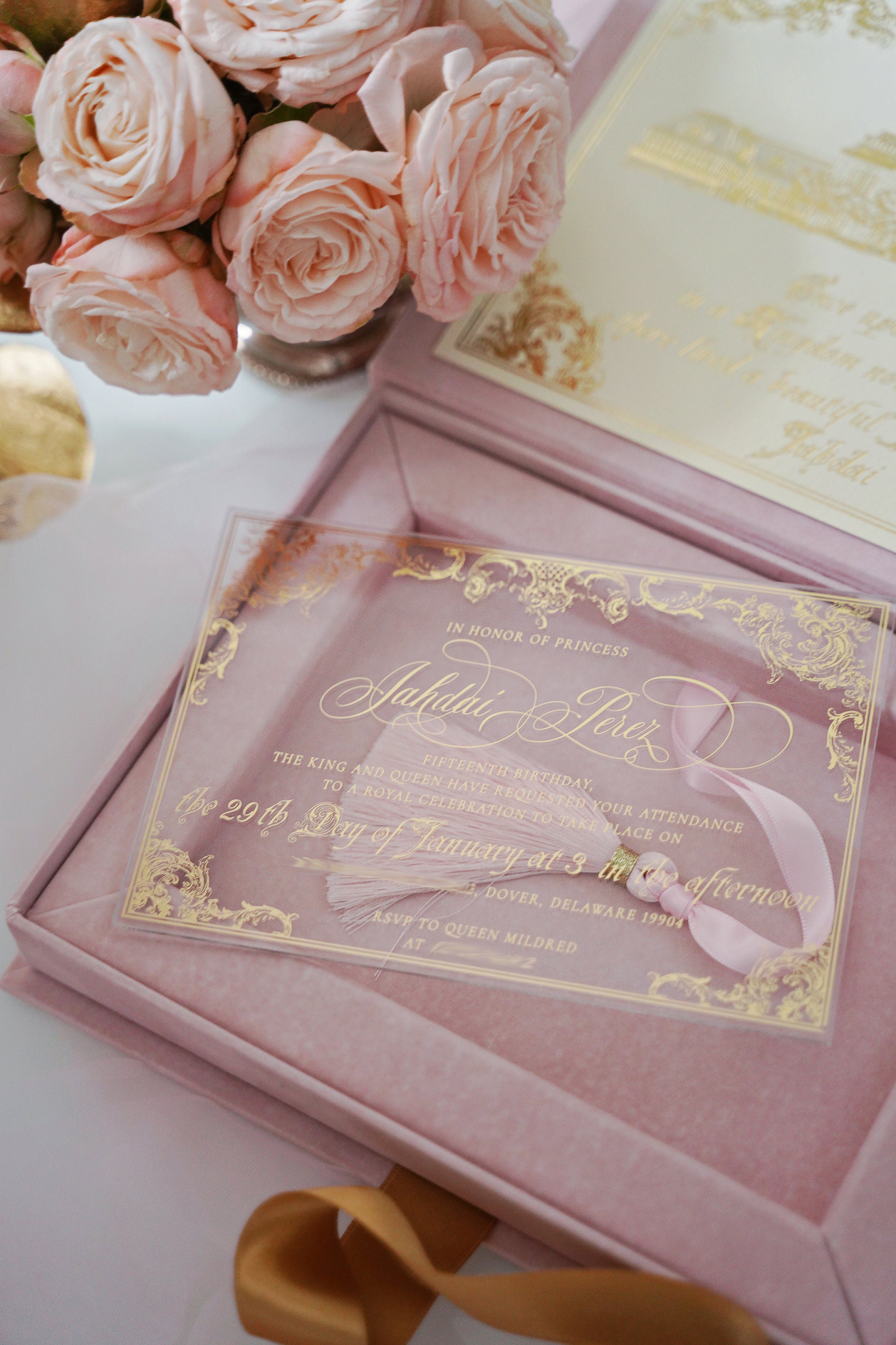 Quinceañera Invitation Box Powder Pink Velvet Acrylic - Etsy