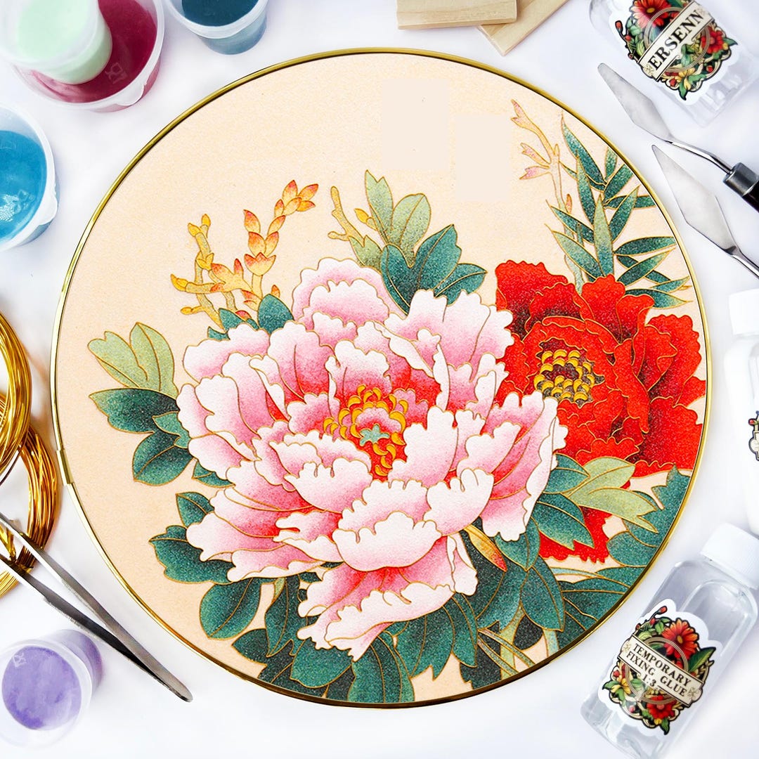 Two-color Peony Green Cloisonne Digital Painting Pattern DIY Kit ...