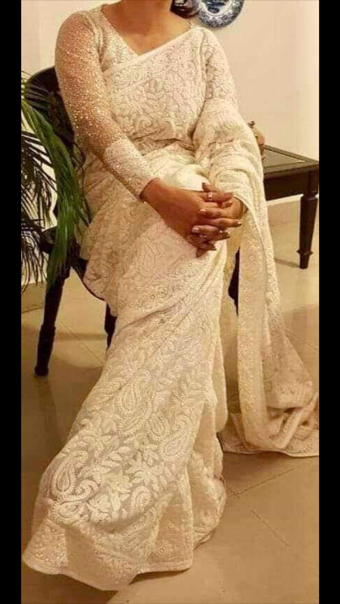 Pure gorget chickenkari saree in white with running blouse | Etsy