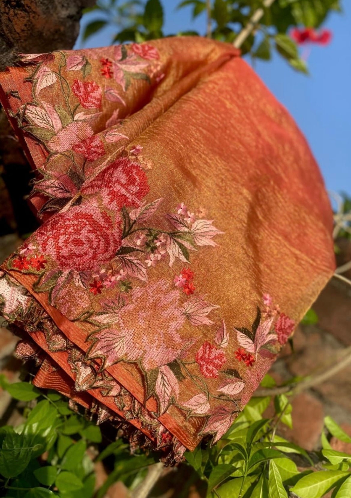 Beautiful Pure Tissue Crush CUTWORK Embroidery Sari With Running Blouse ...