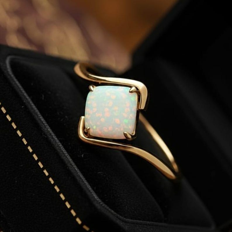 Square Opal Solitaire Ring: Gold on Sterling Silver, Layering Ring - Etsy