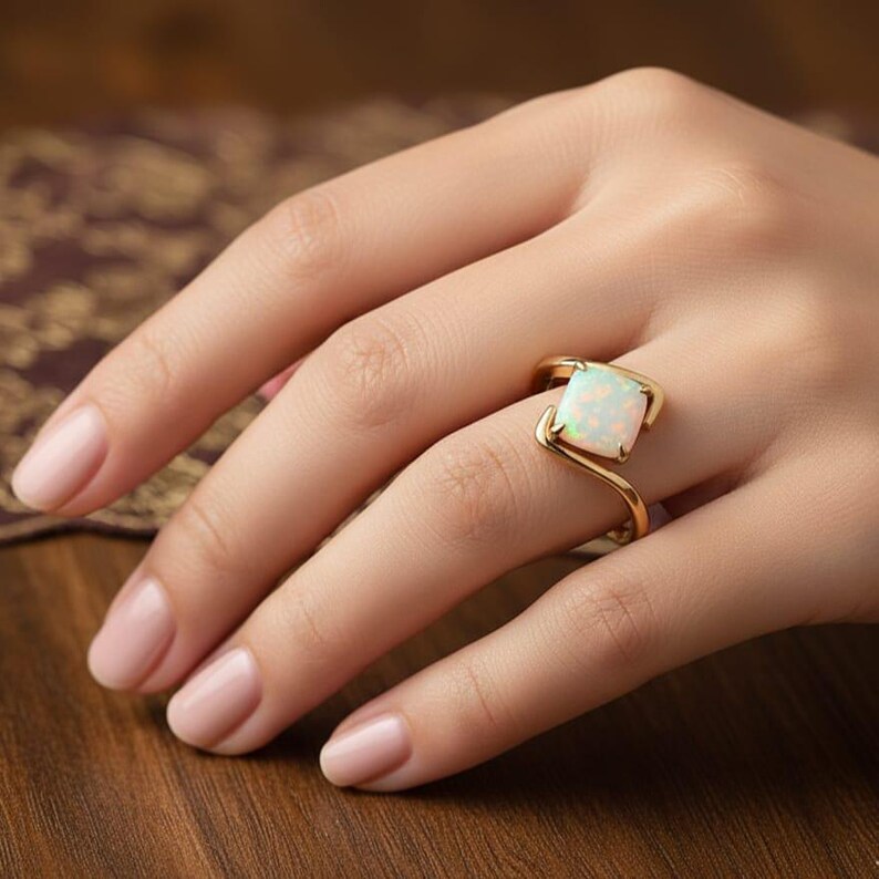 Square Opal Solitaire Ring: Gold on Sterling Silver, Layering Ring - Etsy
