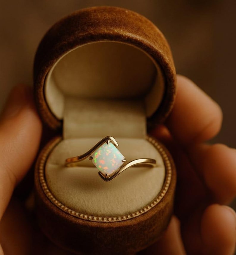 Square Opal Solitaire Ring: Gold on Sterling Silver, Layering Ring - Etsy