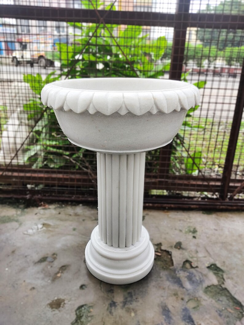 Elegant Handcrafted Marble Pedestal Bird Bath With Scalloped Bowl Edge ...