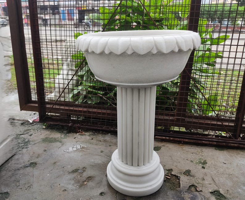 Elegant Handcrafted Marble Pedestal Bird Bath With Scalloped Bowl Edge ...