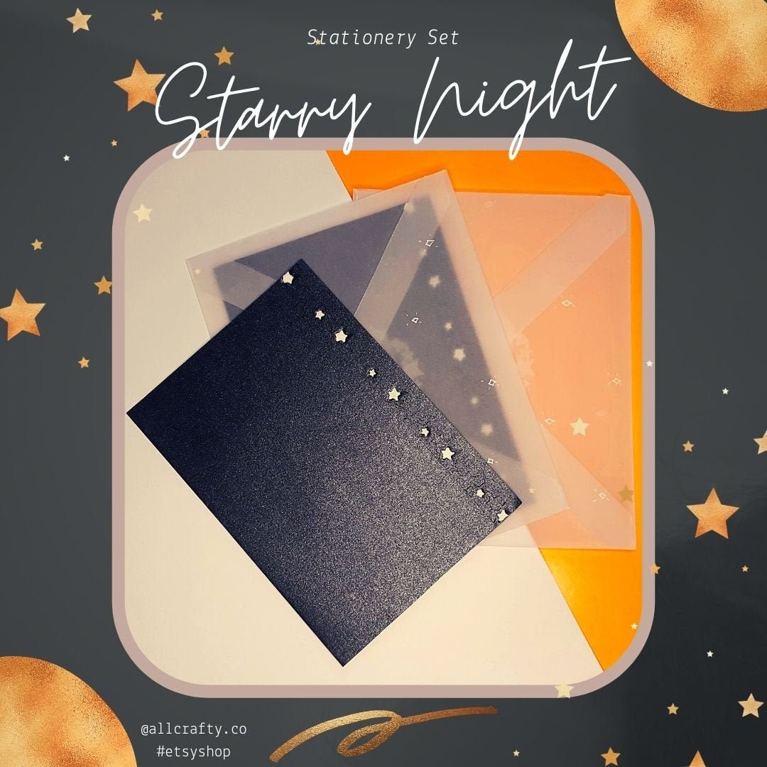 Starry Night Stationery Set: Black Sparkle Paper, Vellum Envelopes - Etsy