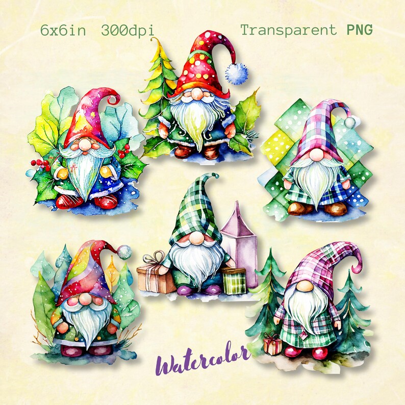 Watercolor Christmas Gnome Clipart: 33 PNG Collection (digital Download ...