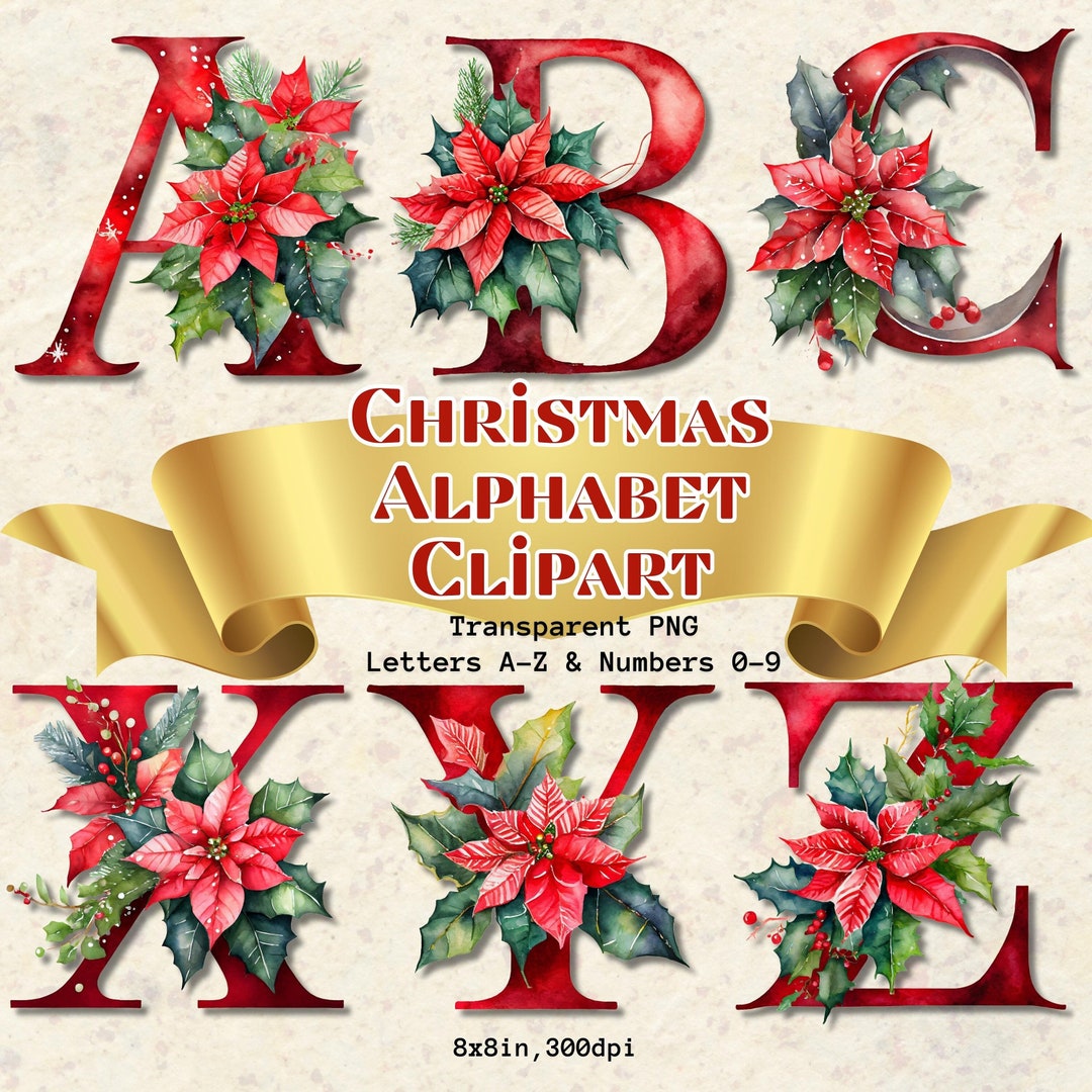 Watercolor Christmas Alphabet Clipart: Floral Letters, PNG Font ...