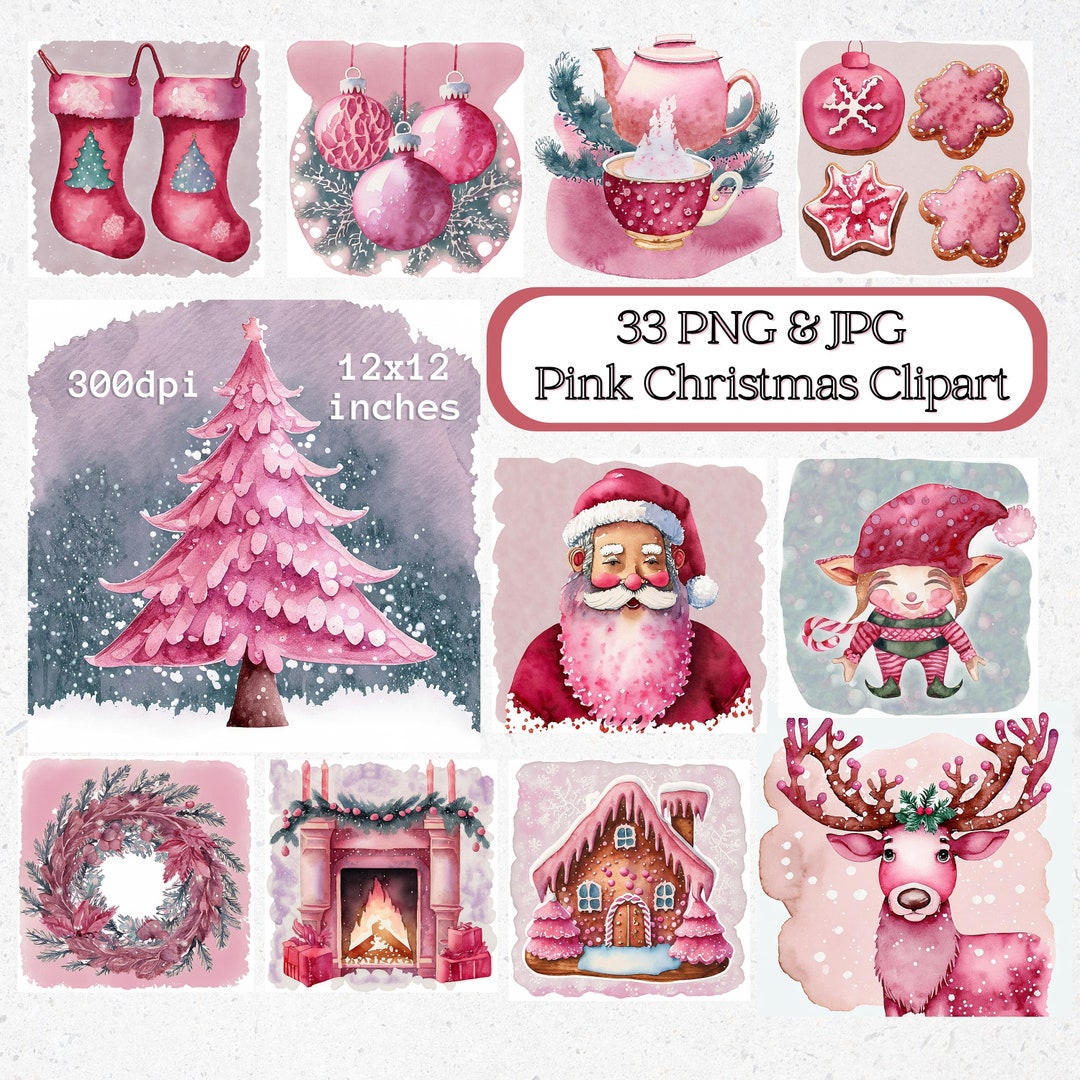Watercolor Pink Christmas Clipart Pack of 33, PNG / JPG, Junk ...
