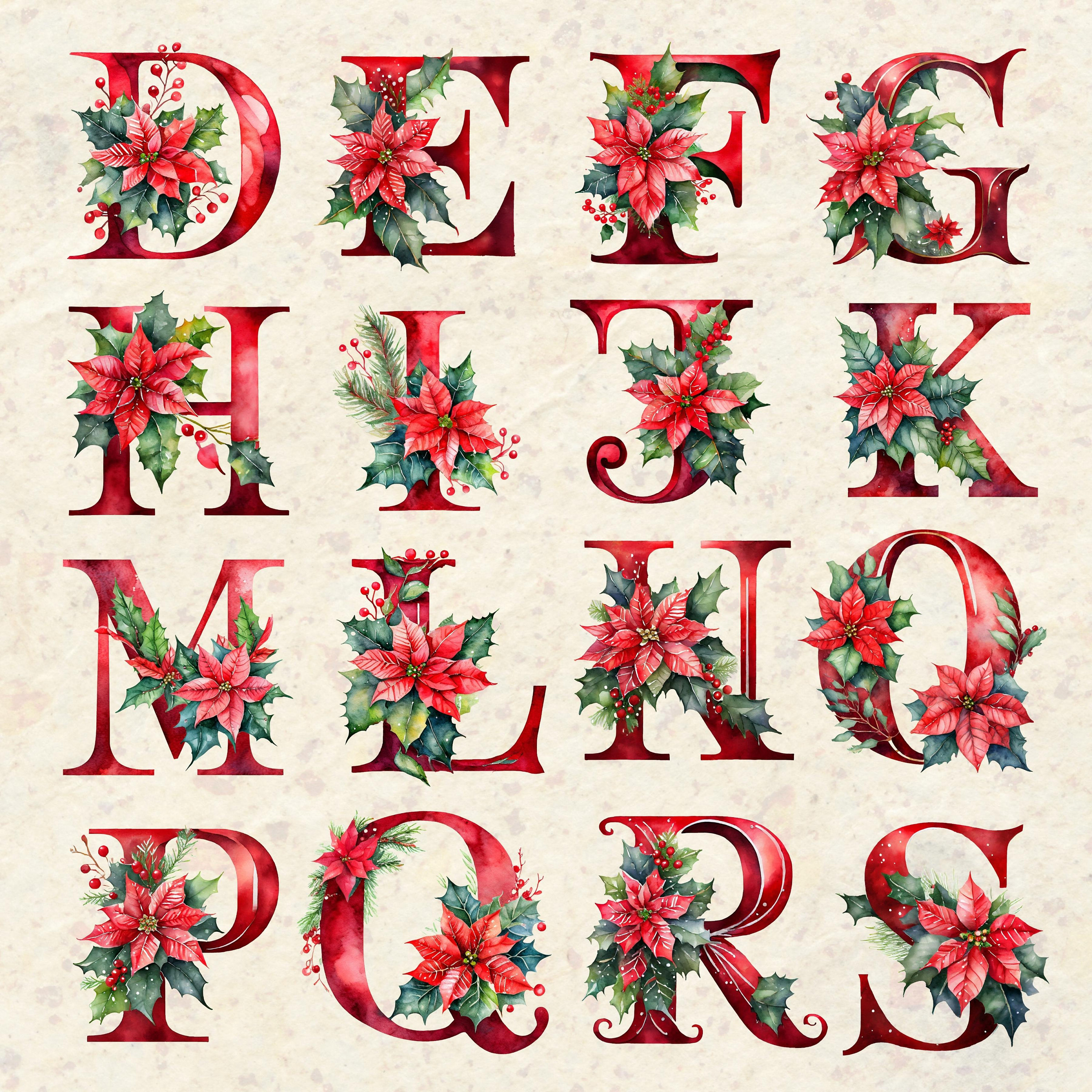 Watercolor Christmas Alphabet Clipart: Floral Letters, PNG Font ...