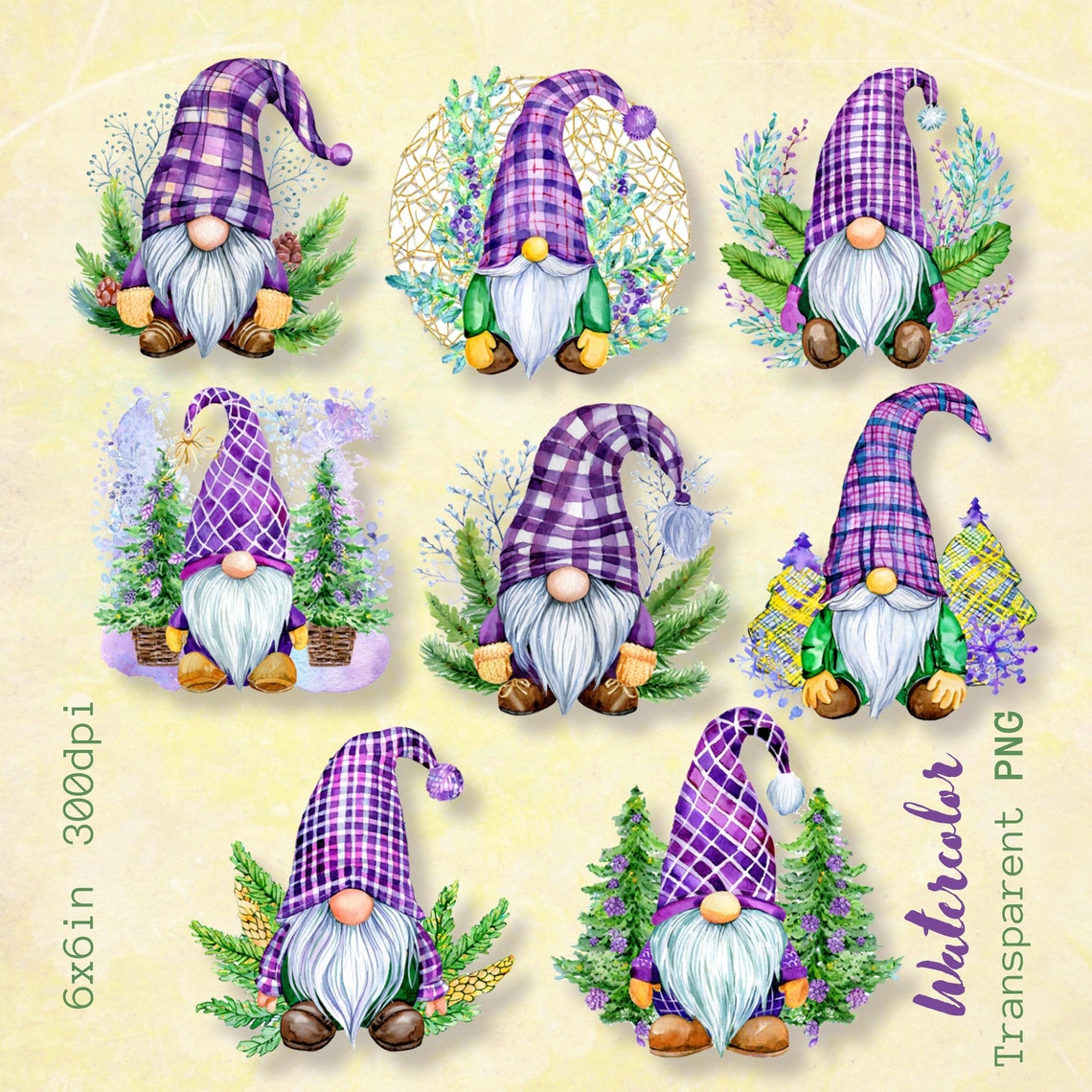 Watercolor Christmas Gnome Clipart: 33 PNG Collection (digital Download ...