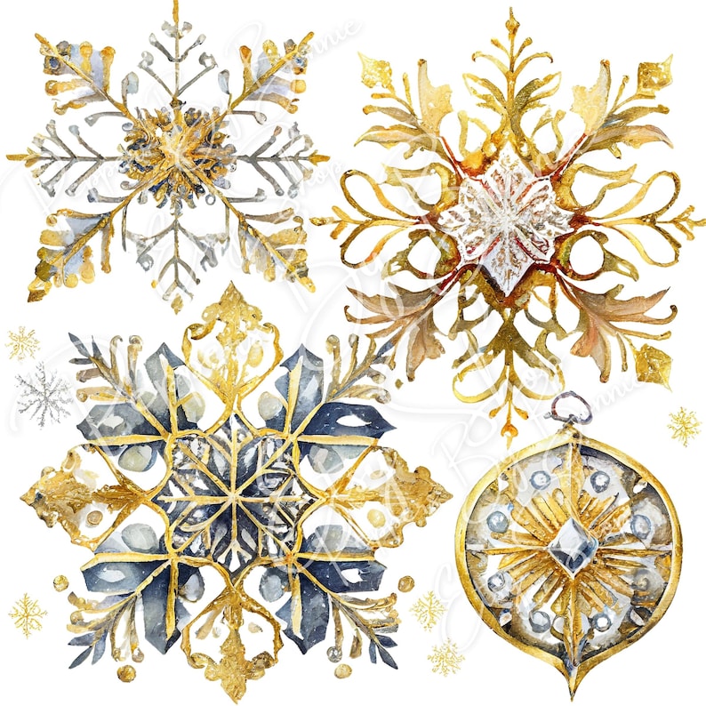 Vintage Golden Snowflakes PNG Clipart, 10 JPEG Snowflakes Tile & 26 PNG ...