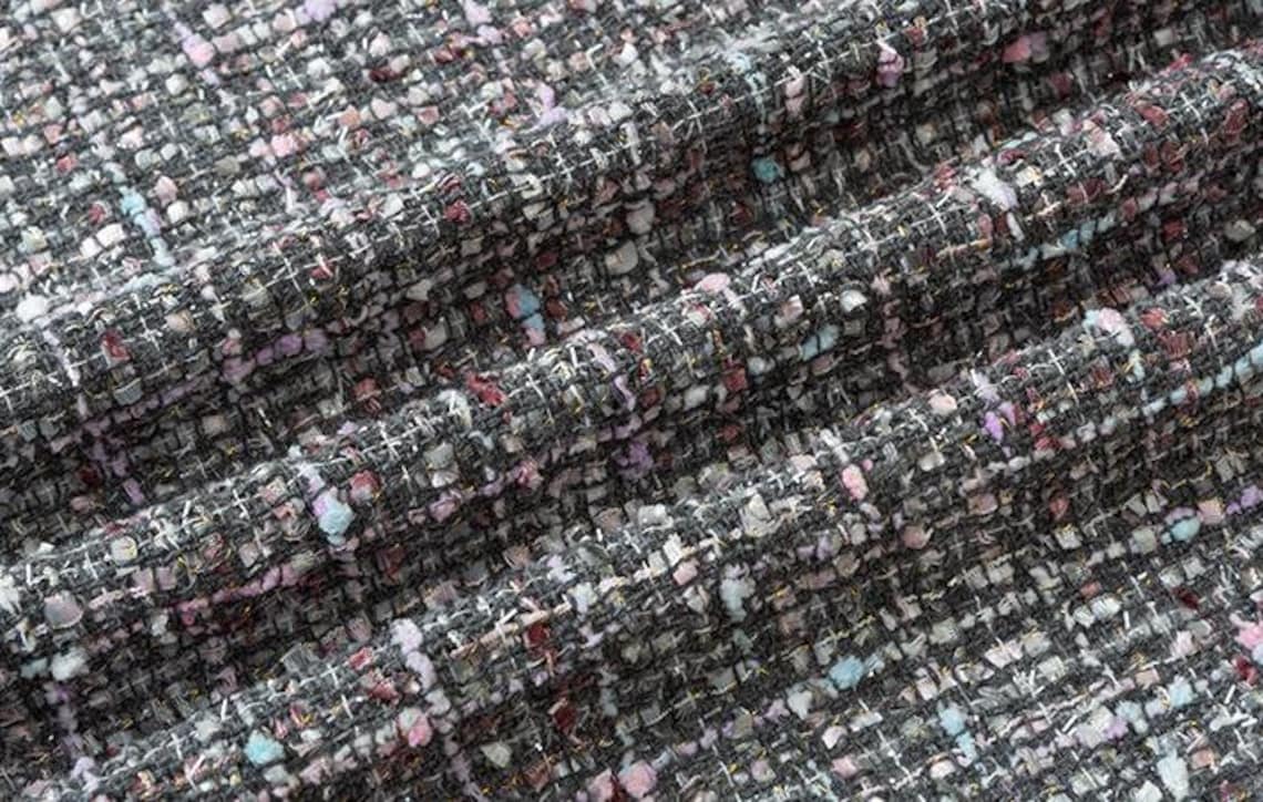 Tweed fabric woven fabric Black/white gold color wool blend | Etsy