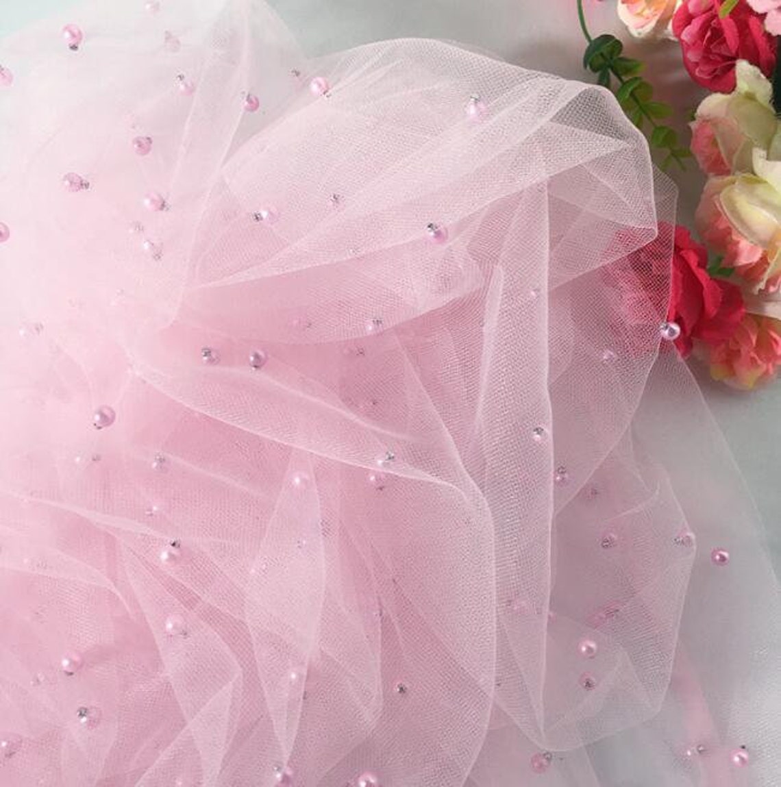 Mesh Fabric Pink/red Color Mesh Fabric Mesh With Bead by | Etsy