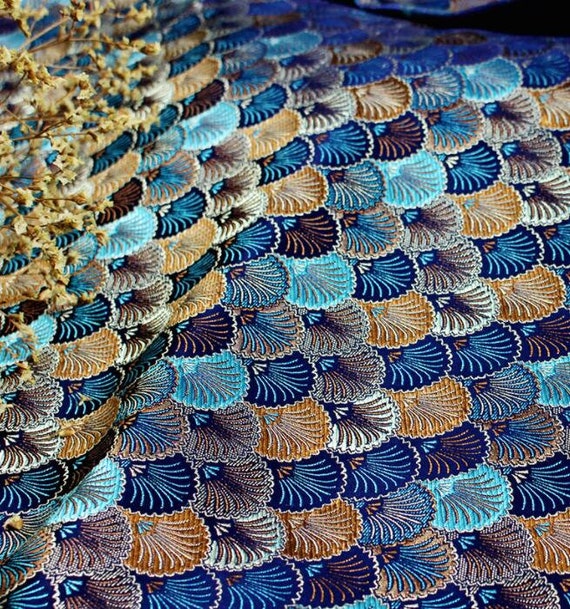 Blue Brocade With Shell Pattern Brocade Fabric Jacquard | Etsy