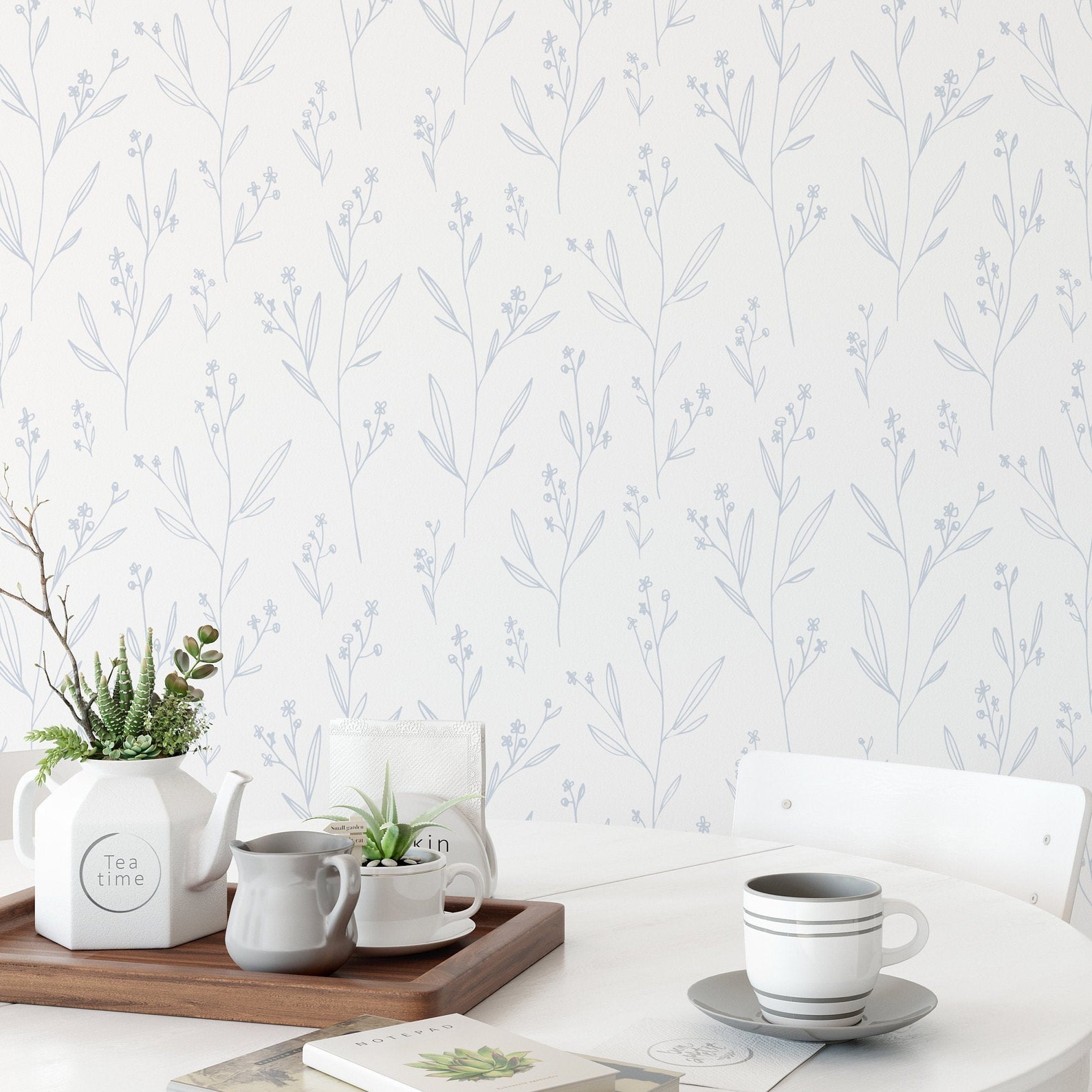 Minimal Floral Wallpaper. Color: Ice Blue. Peel and Stick or ...