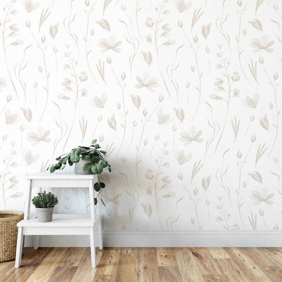 Warm Grey Floral Wallpaper. Peel and Stick Wallpaper. Removable. Accent ...