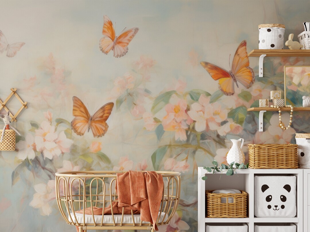 Monarchs and Flowers. Bedroom Mural Wallpaper. Removable Peel and Stick ...
