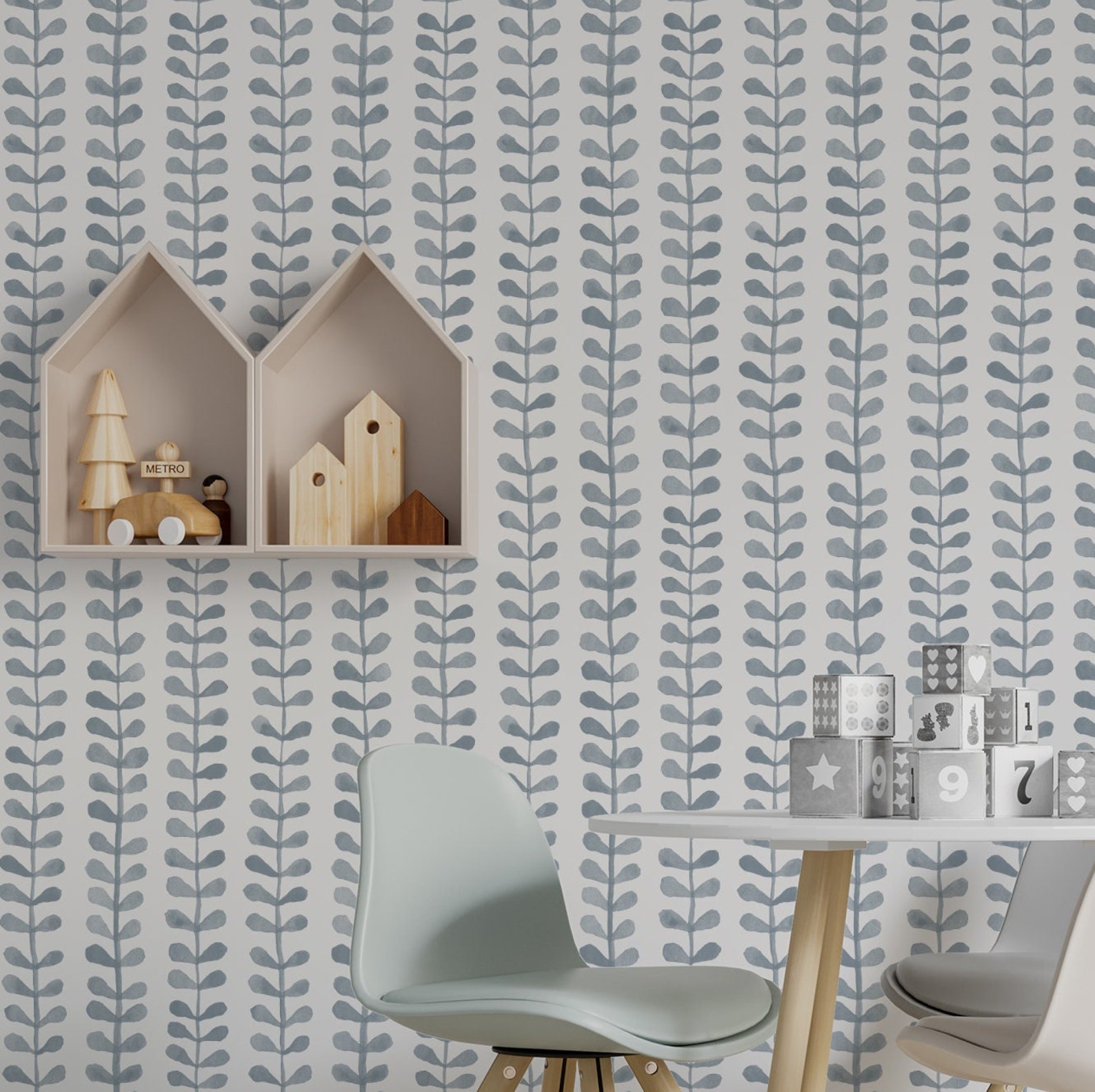Hand Painted Nursery Boho Wallpaper. Pale Blue Color. Peel + Stick ...