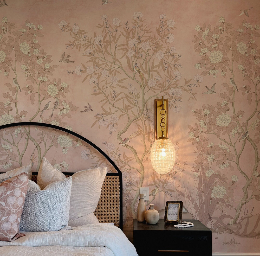 Pink Chinoiserie Wallpaper. Hand Painted. Vintage Mural Wallpaper ...
