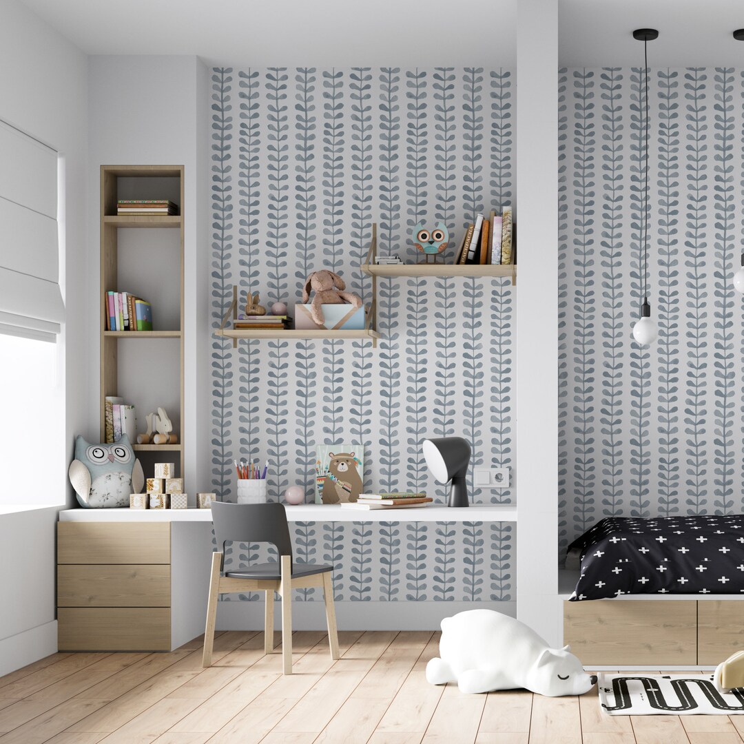 Hand Painted Nursery Boho Wallpaper. Pale Blue Color. Peel + Stick ...