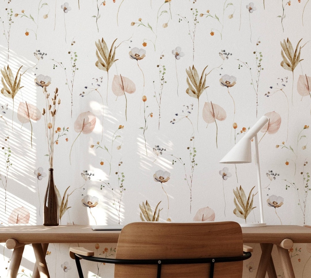 Modern Neutral Floral Wallpaper. Neutral Colors. Peel and - Etsy