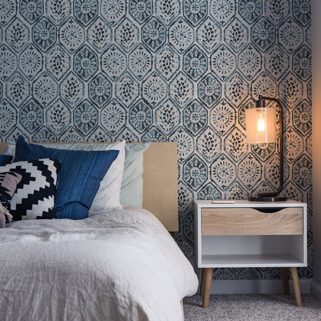 Hand Painted Moroccan Wallpaper. Color Original Blue. Peel and - Etsy