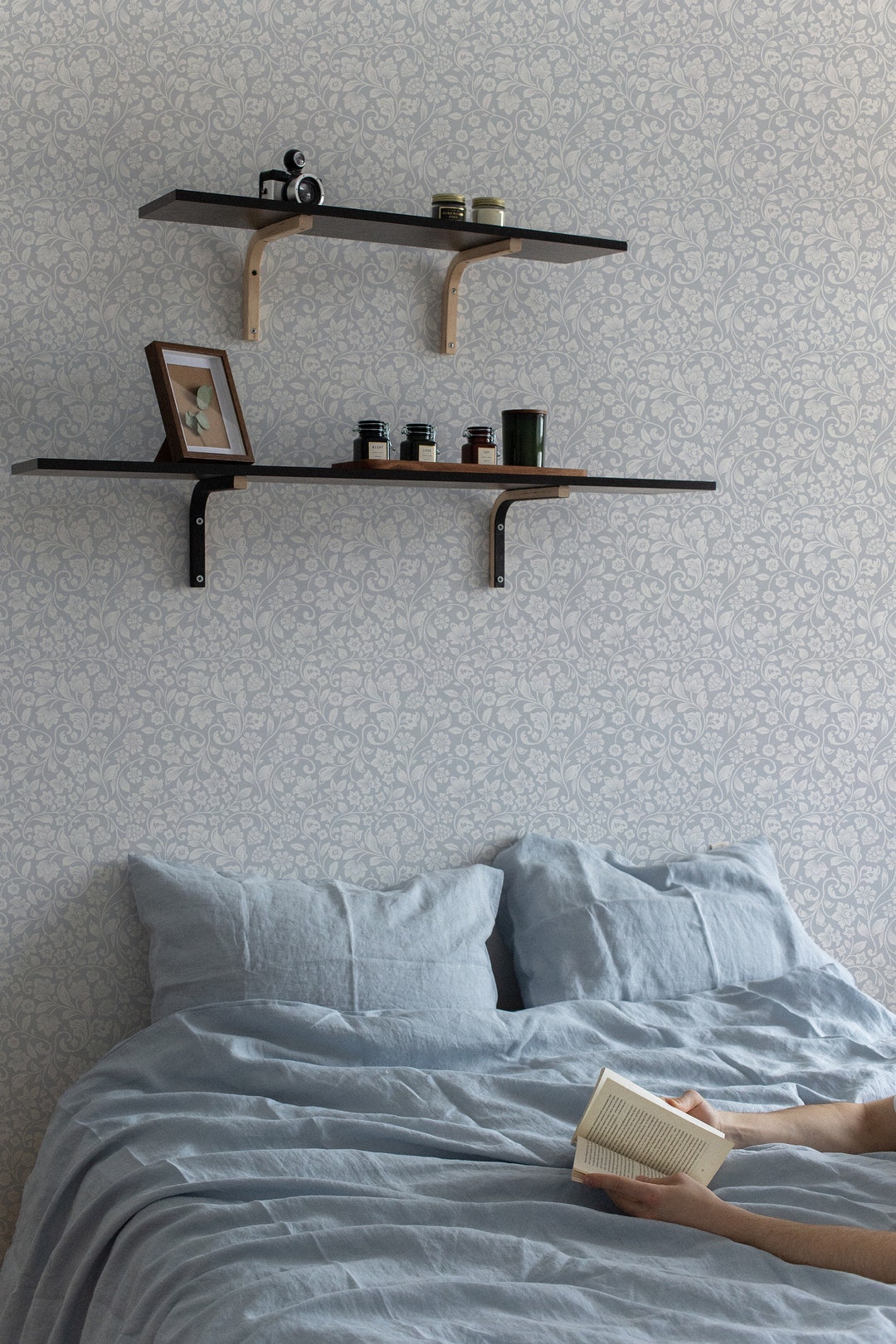 Faded Blue Vintage Floral Wallpaper - 25". Removable Peel + Stick and ...