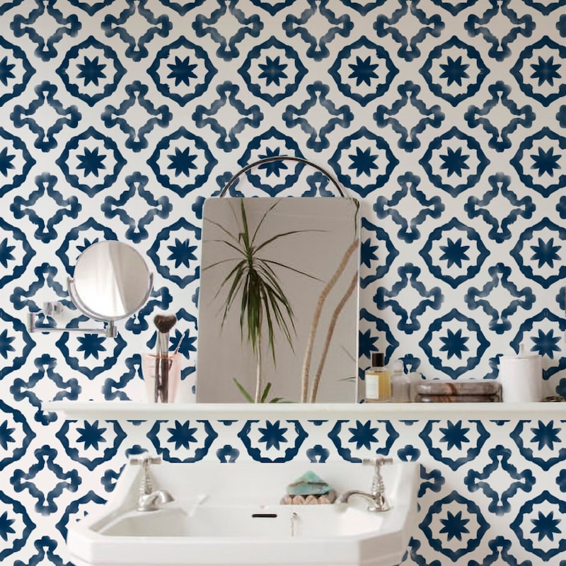 Geometric Wallpaper Navy - Etsy