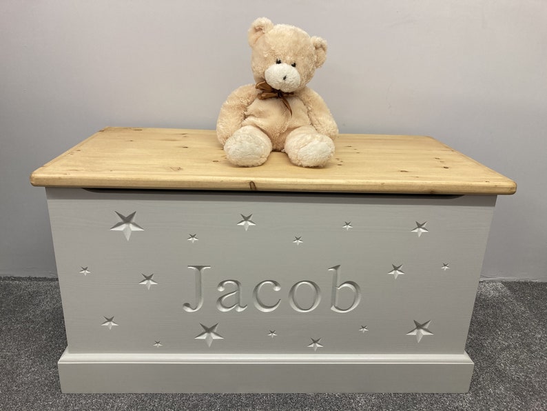 Handmade, Personalised Solid Wood Scattered Stars Toy Box With Soft ...