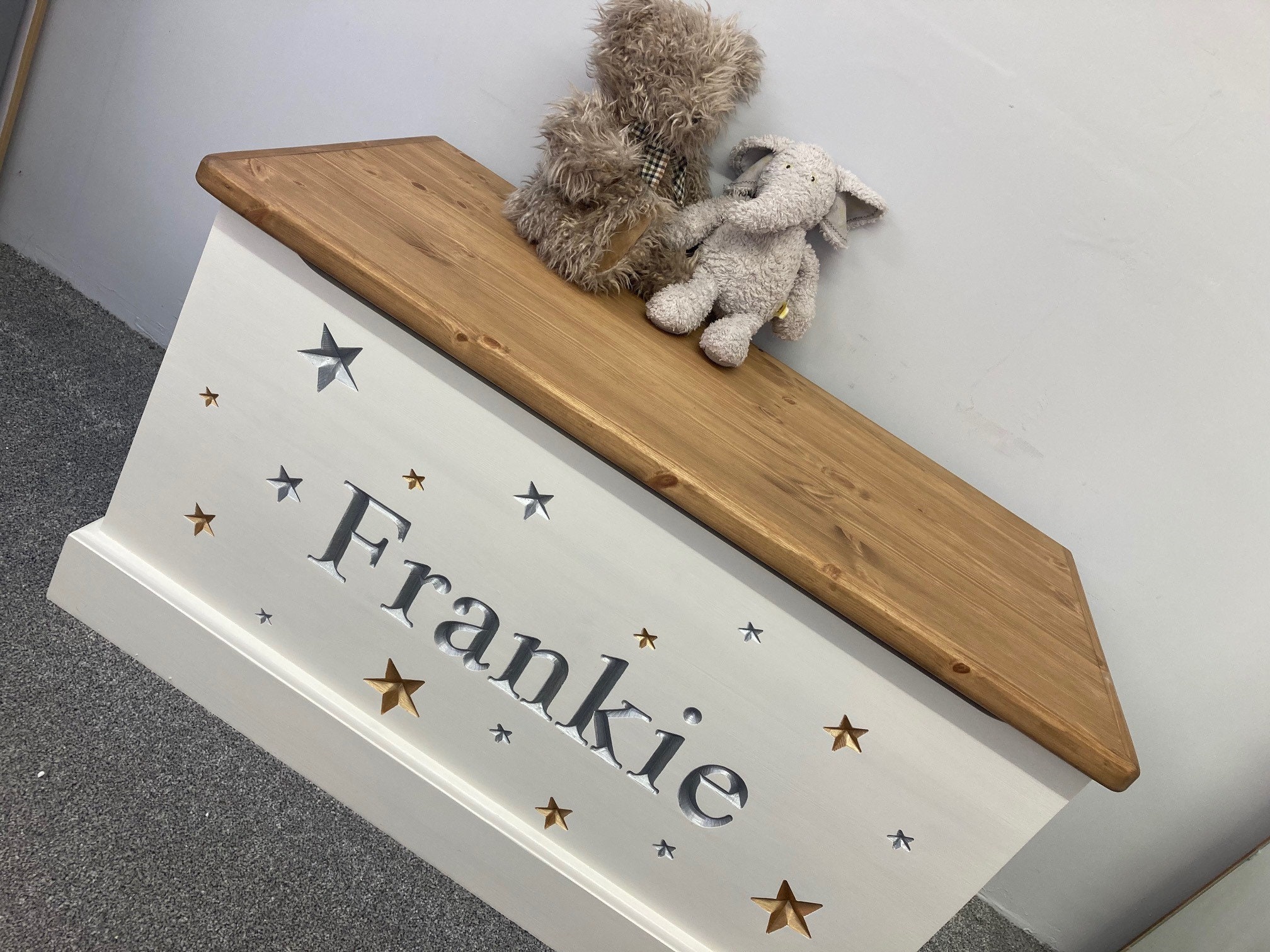 Handmade, Personalised Solid Wood Scattered Stars Toy Box With Soft ...