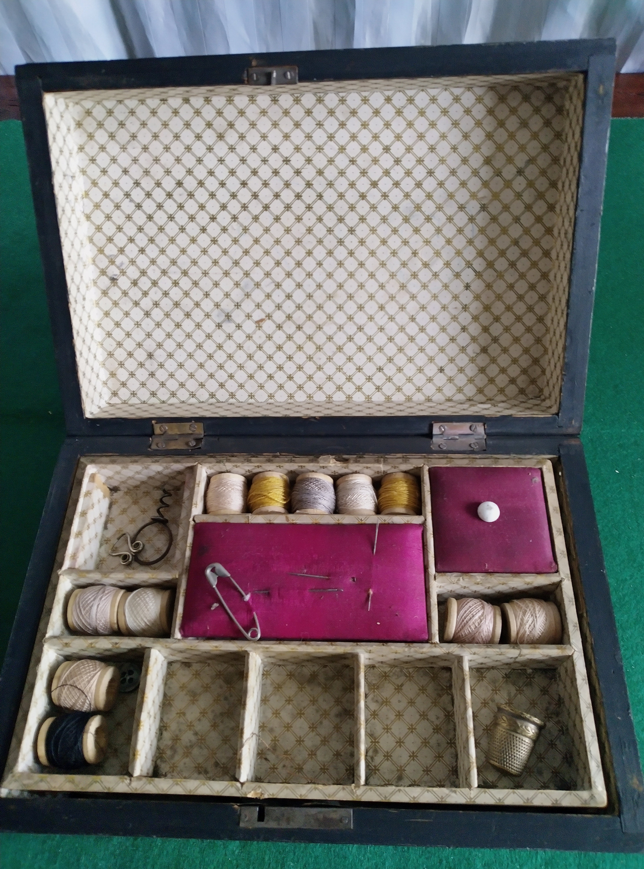 Antique Table Top Sewing Box with Marquetry Detail and Original ...