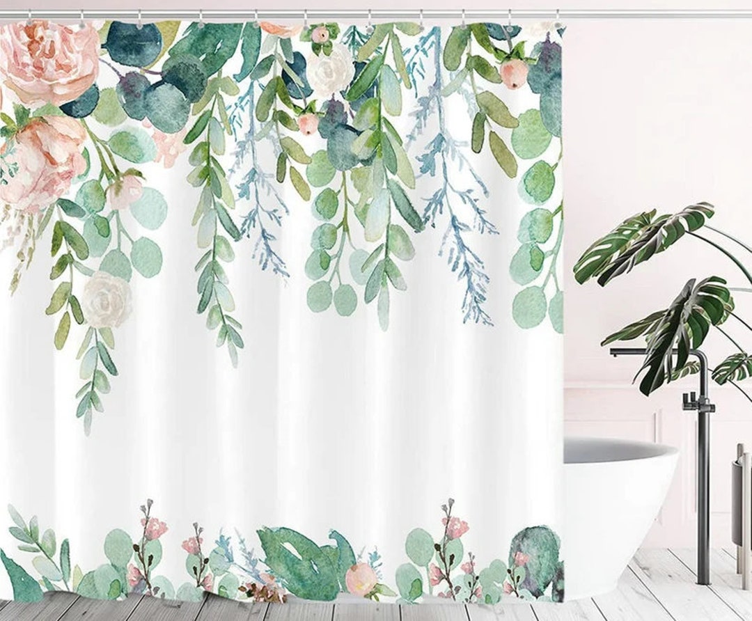 Floral Green Leaf Shower Curtain Waterproof Fabric Bathroom Curtain Set ...