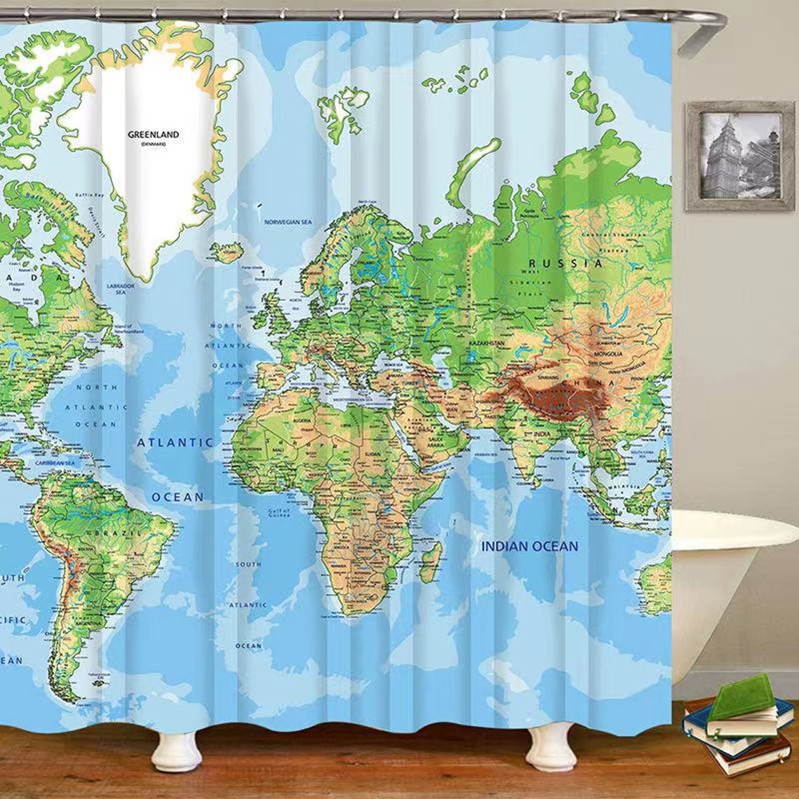 Ocean World Map Shower Curtain Set With 12 Hooks Map Bathroom - Etsy