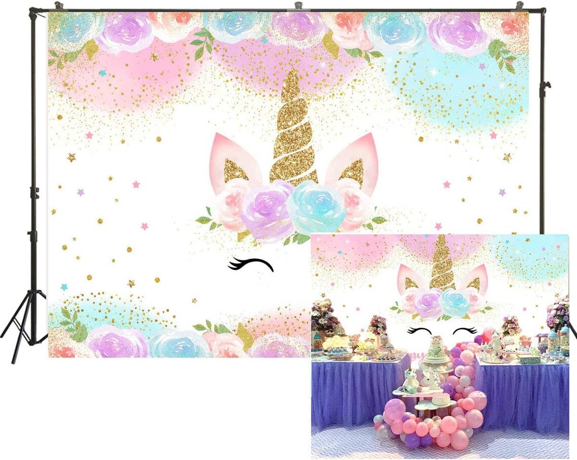 Cartoon Unicorn Backdrop Rainbow Watercolor Floral Unicorn - Etsy