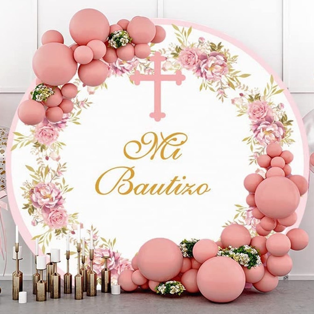 Baby Baptism Round Backdrop Polyester Background Pink Floral Flowers ...