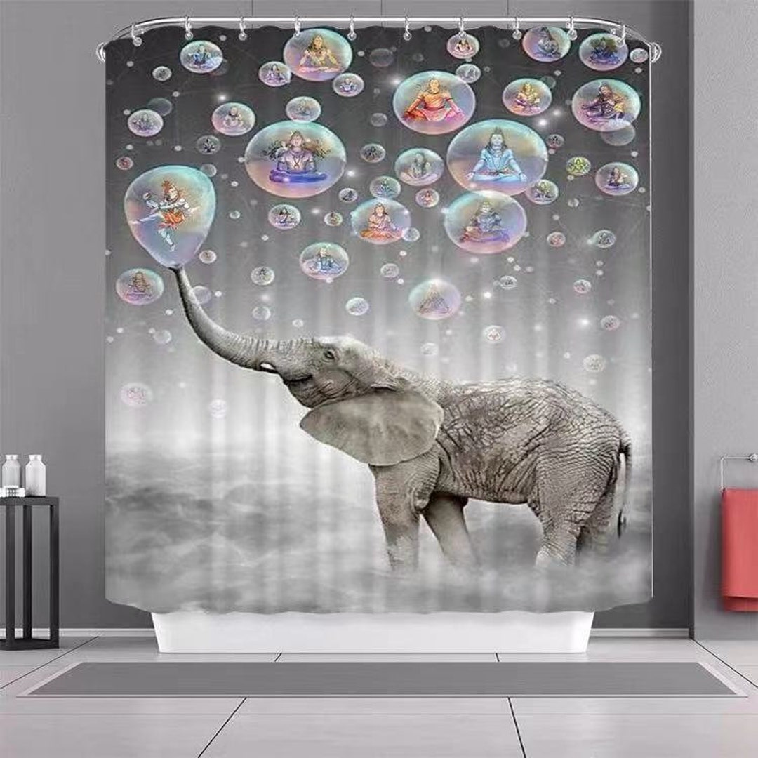 Elephant Blowing Bubbles Shower Curtain Set Fabric Waterproof Shower ...