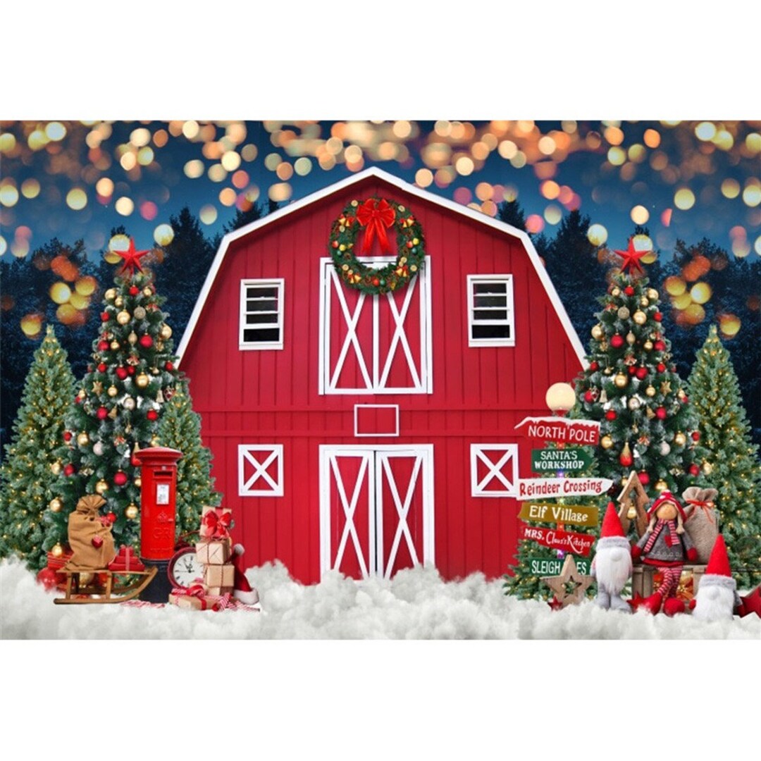 Red House Christmas Scene Backdrop White Snow Christmas Tree Backdrop ...