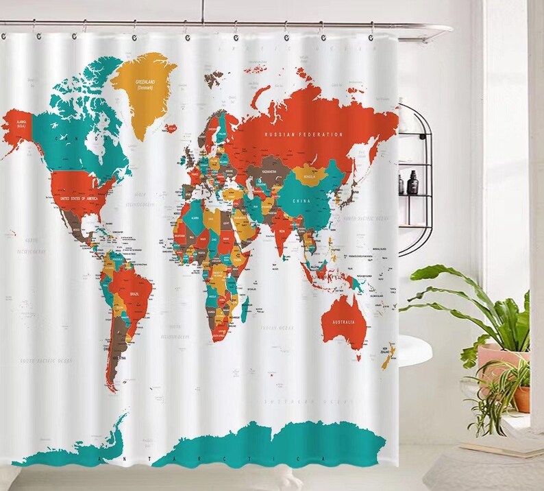 Ocean World Map Shower Curtain Set With 12 Hooks Map Bathroom - Etsy