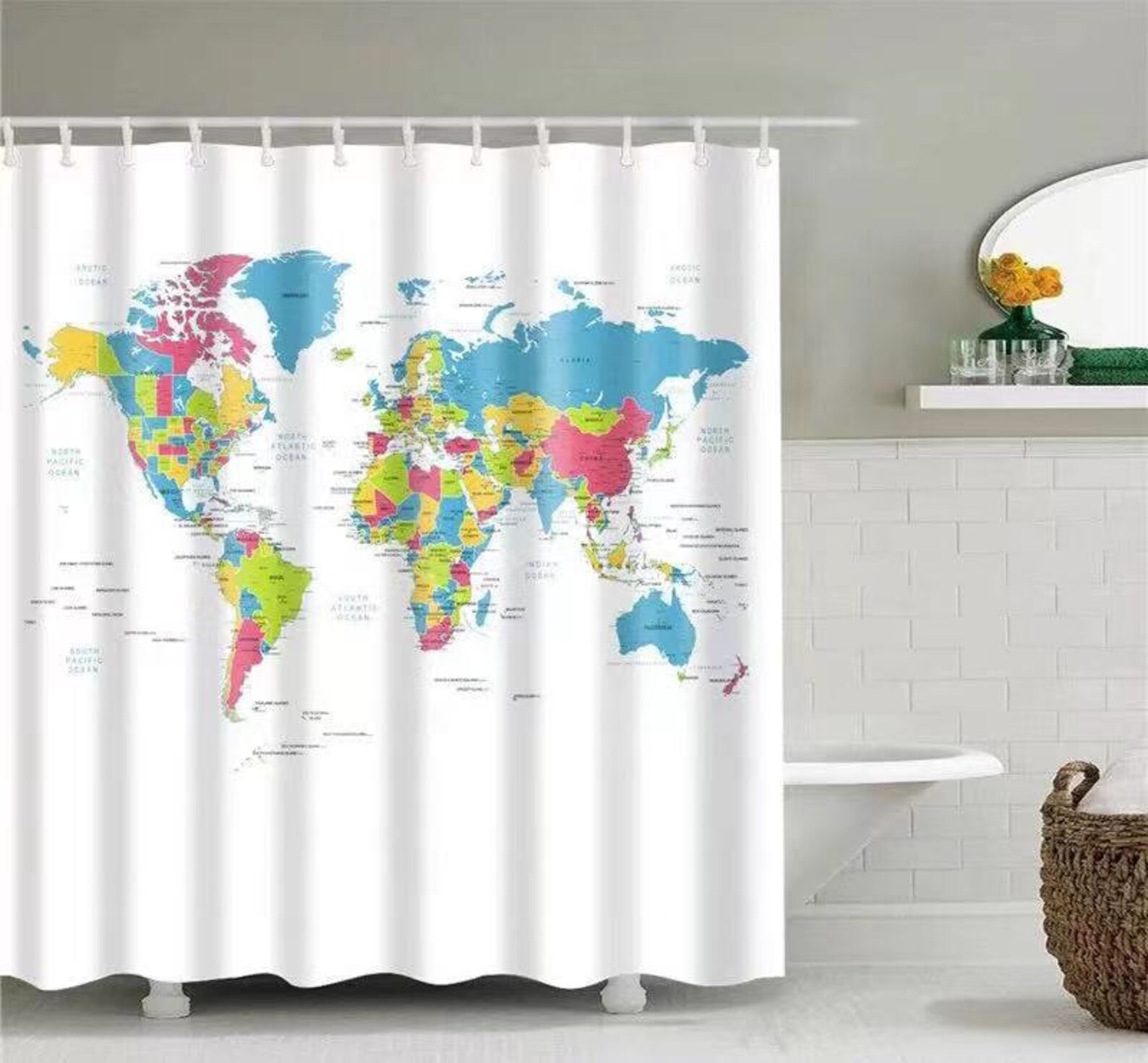 Ocean World Map Shower Curtain Set With 12 Hooks Map Bathroom - Etsy