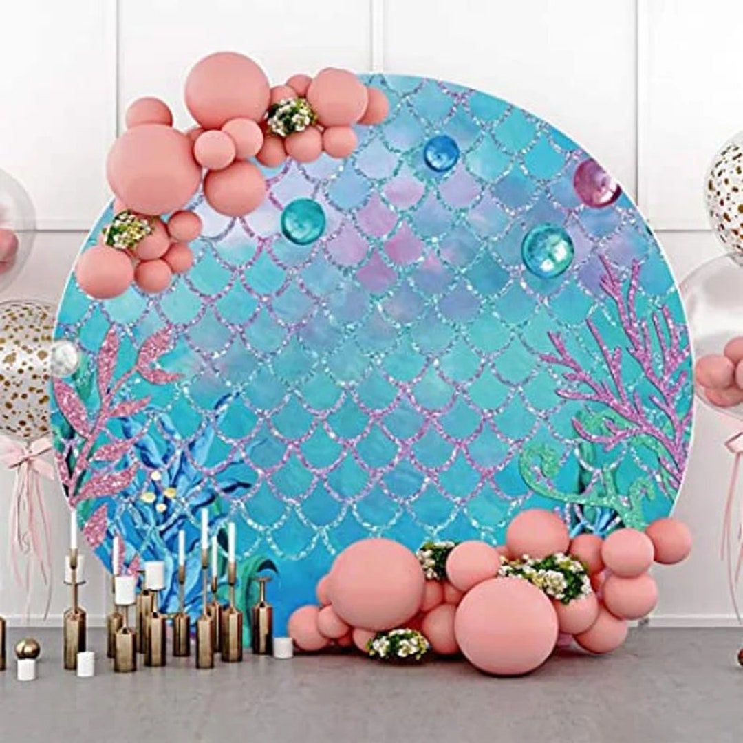 Mermaid Party Theme Round Backdrop Glittering Mermaid Scales Corals ...