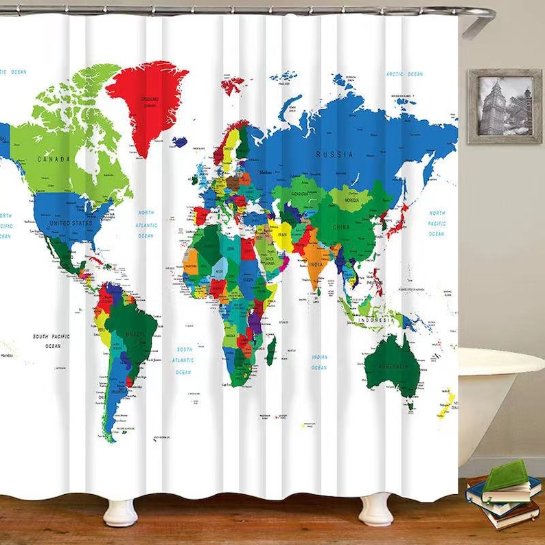 Ocean World Map Shower Curtain Set With 12 Hooks Map Bathroom - Etsy