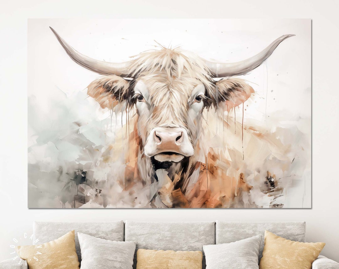 Highland Cow Muted Pastel Color Palette Canvas Print // Oil Painting ...