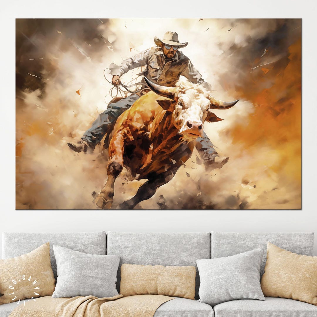 Bull Riding Canvas Print // Cowboy Riding a Bull Canvas Wall Decor ...